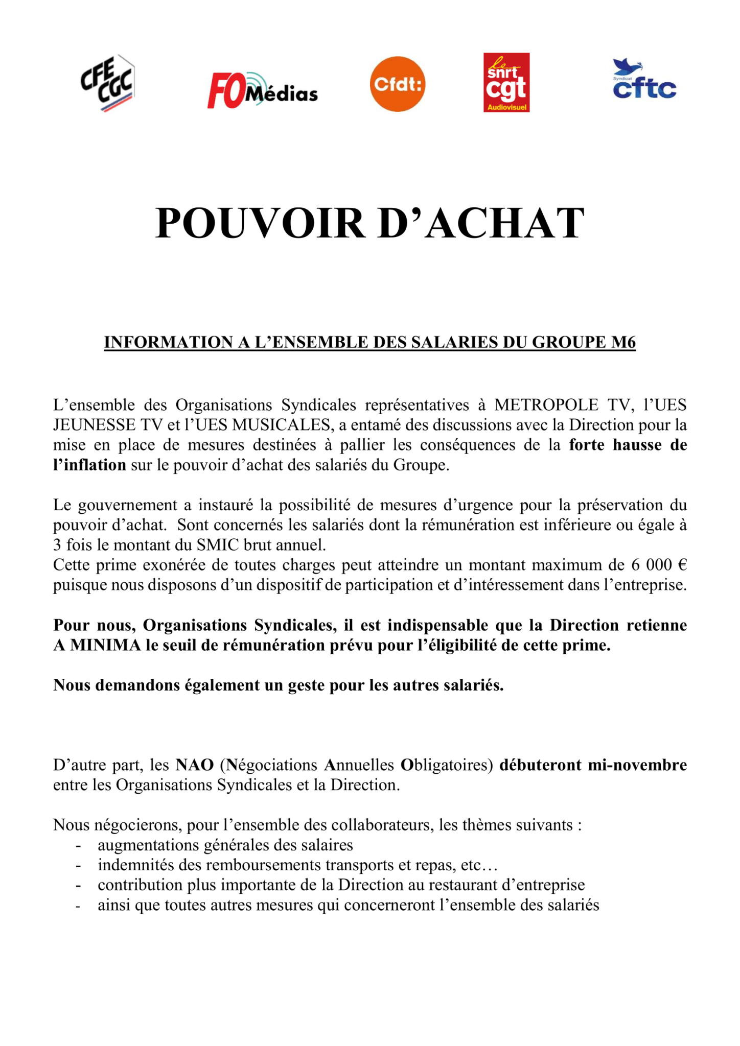 POUVOIR D’ACHAT : Information à l’ensemble des salariés du groupe M6 ...